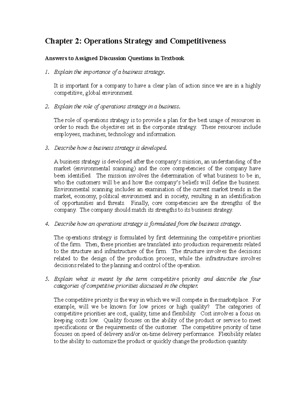 Questions and Answers on Chapter 2: Ops Strategy & Competitiveness ...