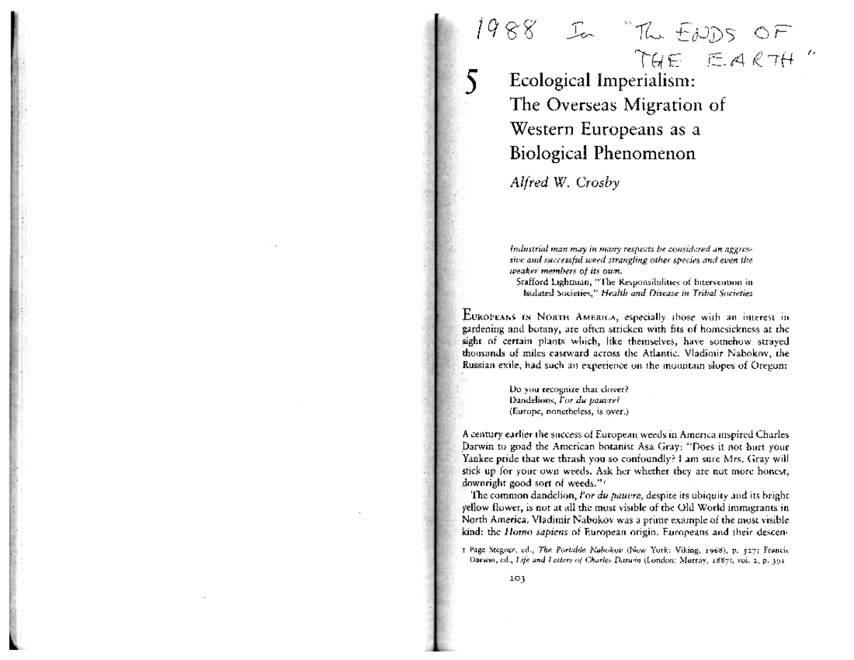 Ecological Imperialism by Alfred Crosby: Key Concepts & Insights - Studocu