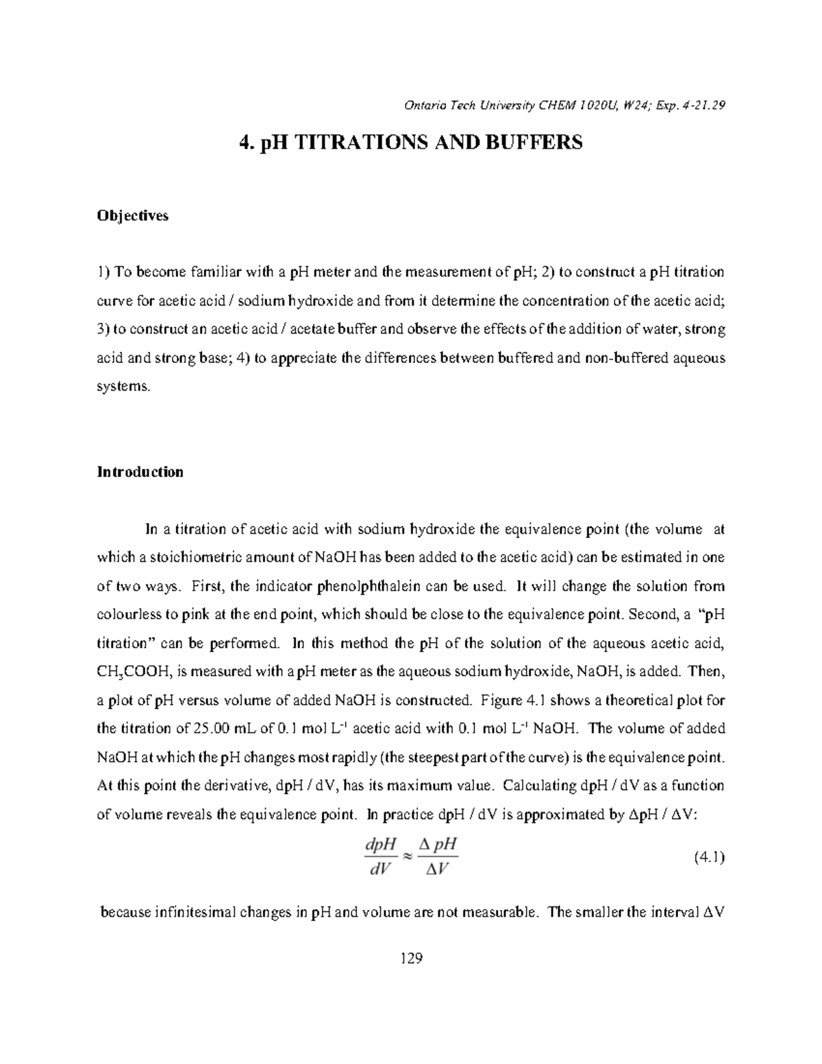 CHEM LAB 4: pH Titrations and Buffers Manual - Part 1 - Studocu