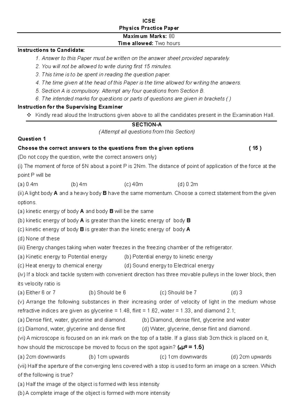 ICSE-Physics Practice Paper: Practice Questions & Solutions - Studocu