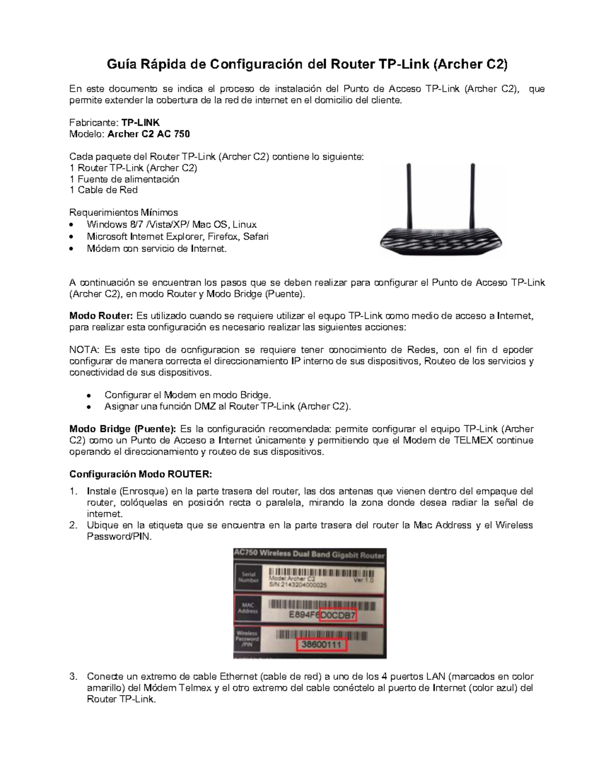 Guía de Instalación del Router Archer C2 AC 750 - Studocu