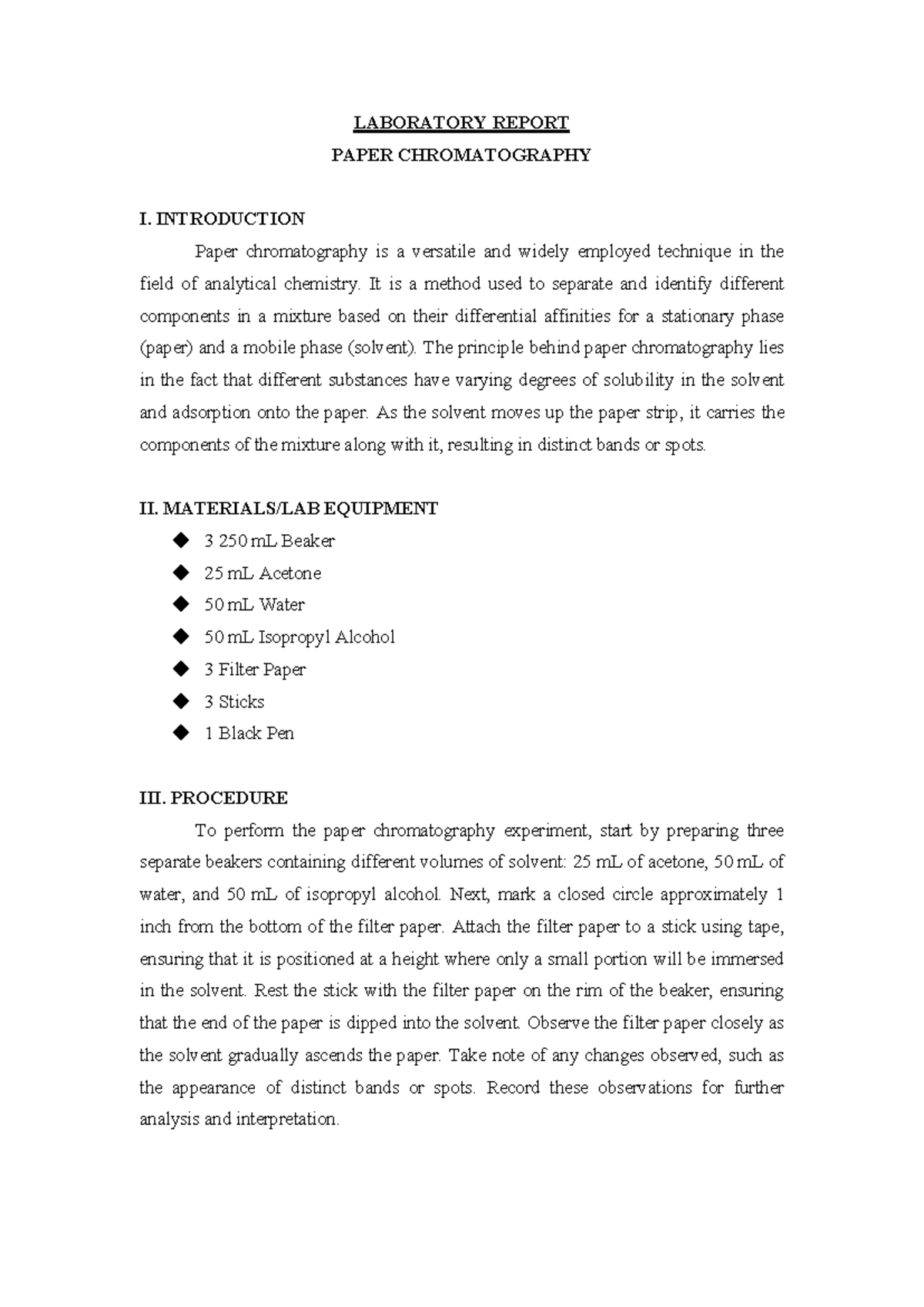 Laboratory Report: Paper Chromatography Techniques and Observations ...