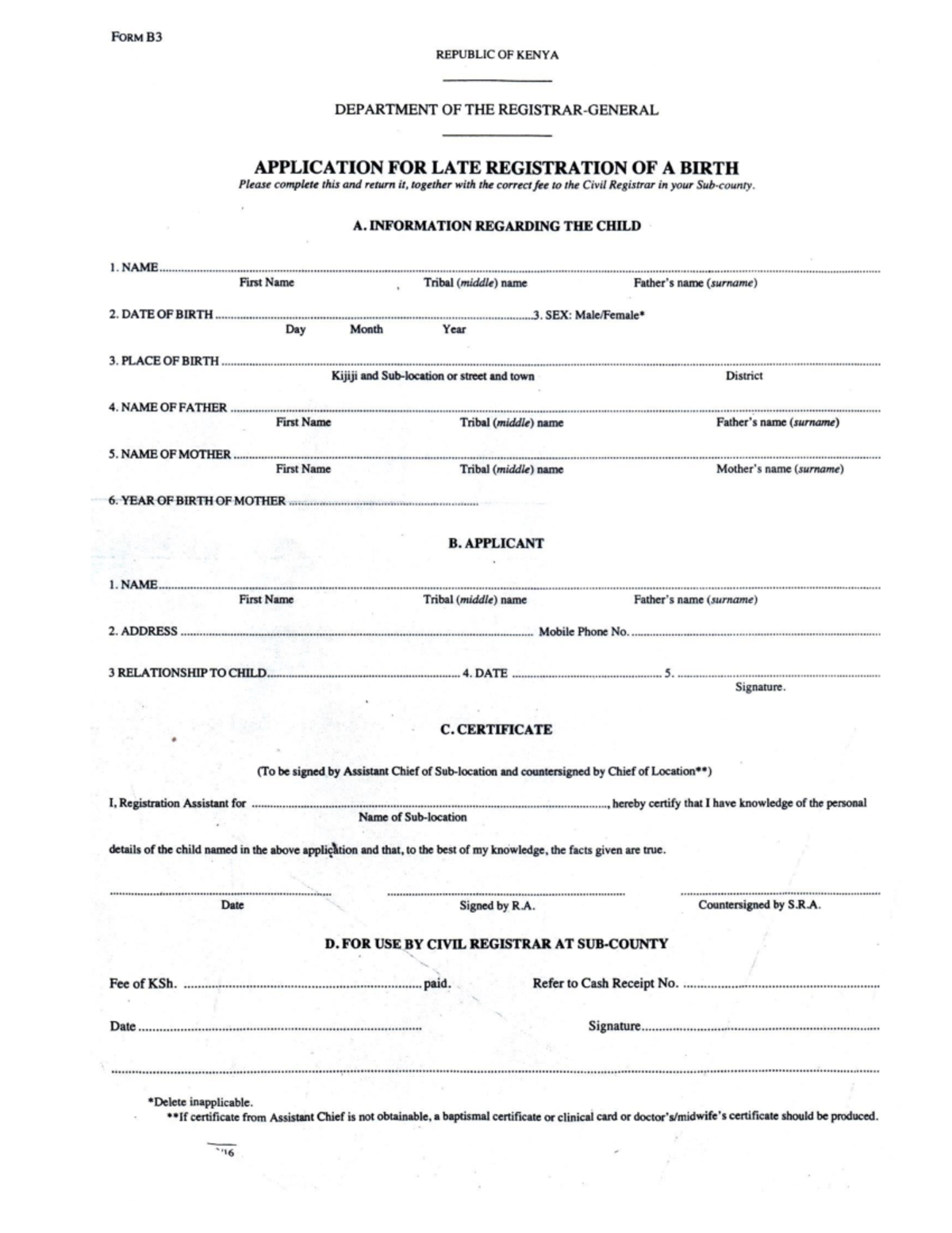 Application Form B3 for Late Birth Registration - Kenya - Studocu
