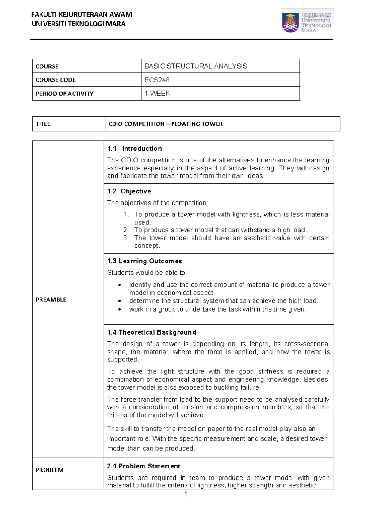 ECS248 Basic Structural Analysis: Floating Tower Competition Guide ...