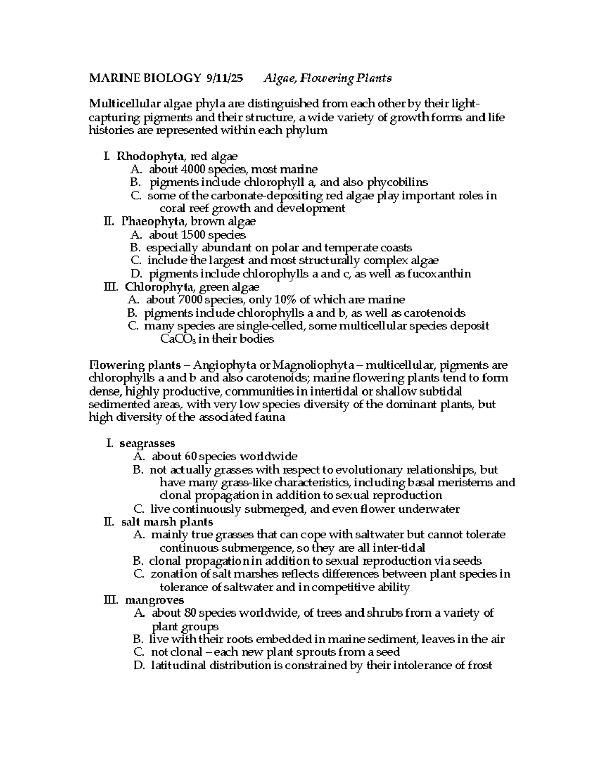MARINE BIOLOGY Lecture: Overview of Algae & Flowering Plants - Studocu