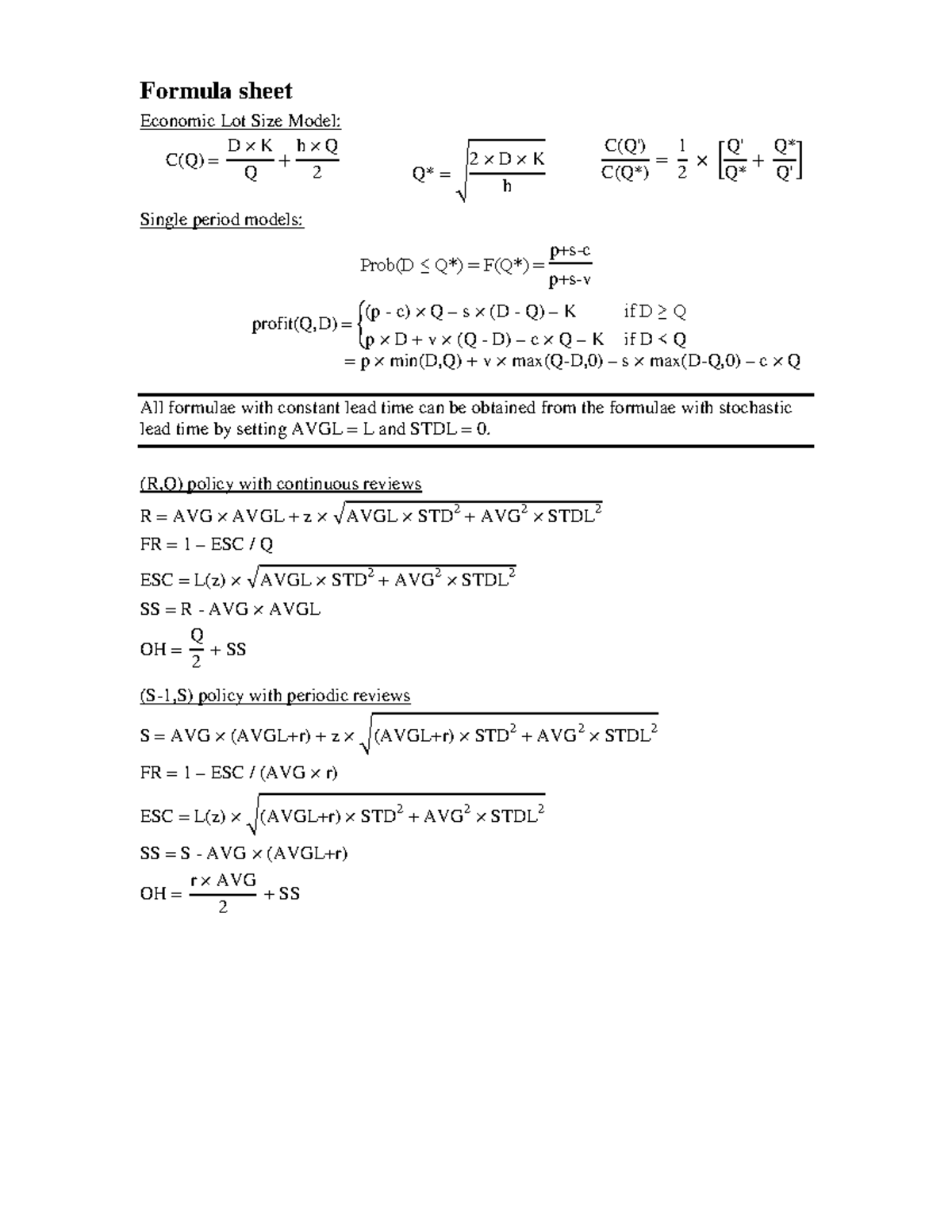 Formula Sheet - Economic Lot Size Model and Single Period Models ...