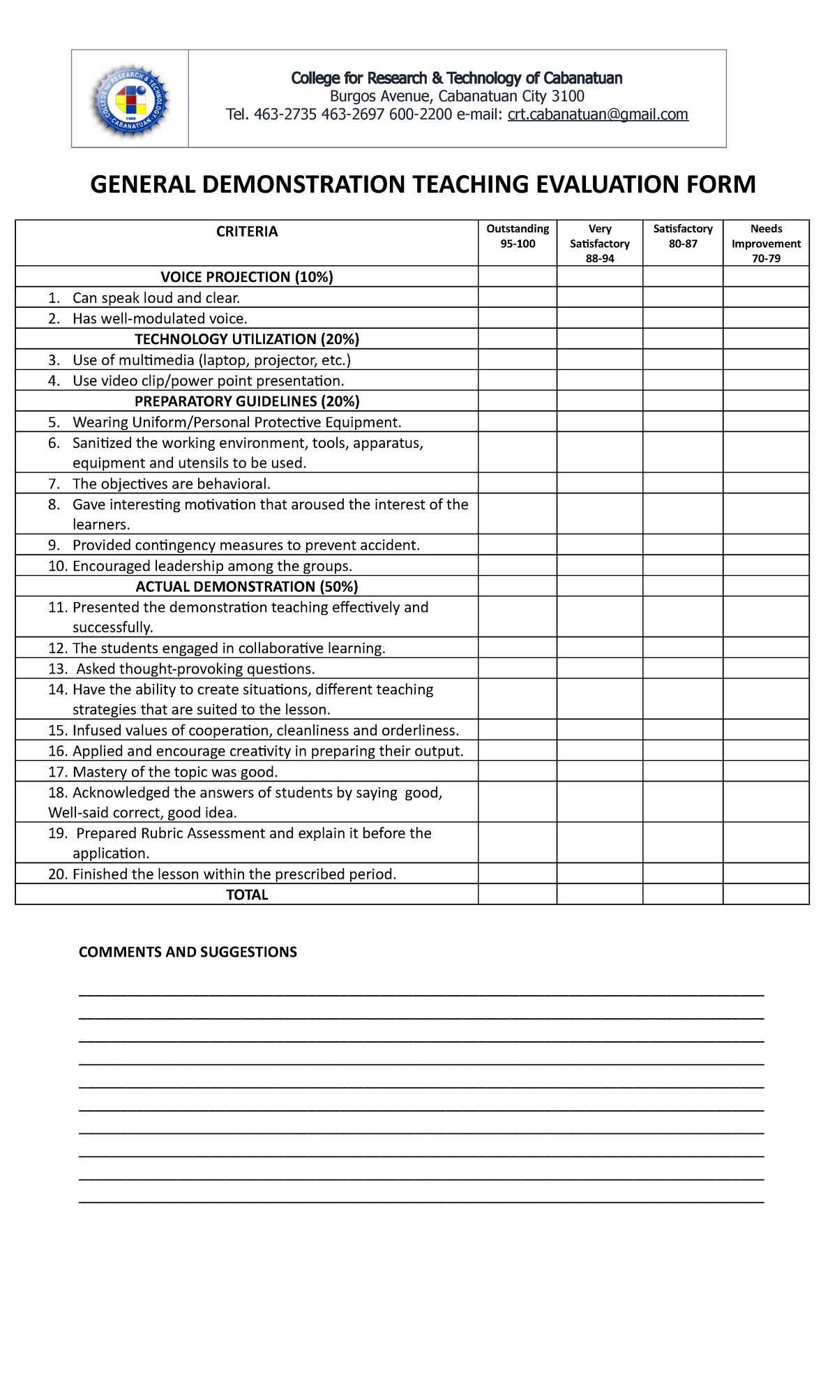 Demonstration Teaching Rubric Evaluation Form for CRT 3100 - Studocu