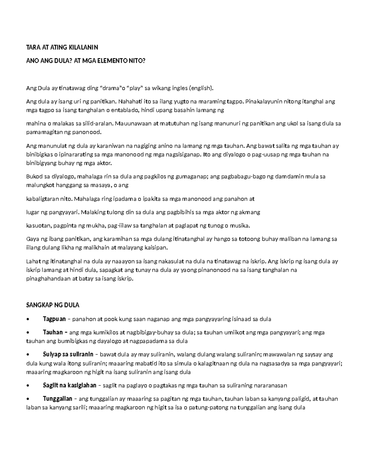 DULA: ANO ANG DULA? AT MGA ELEMENTO NITO? - Studocu