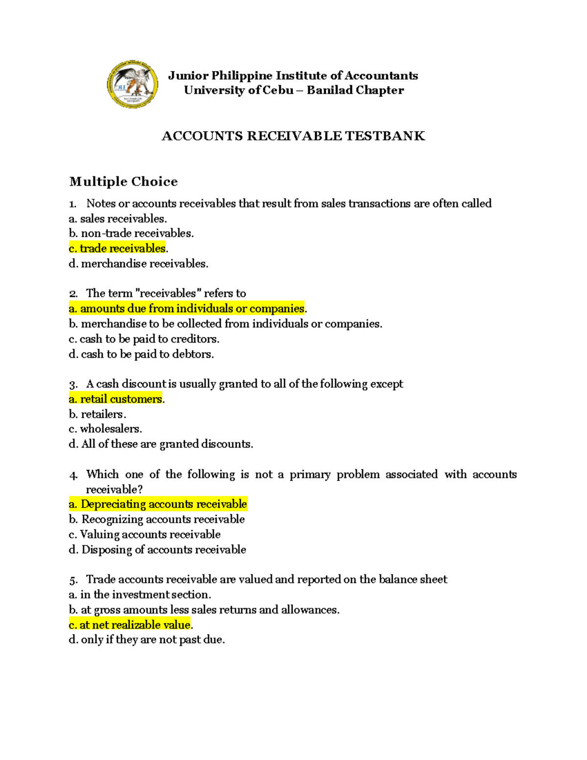 Accounts Receivable Quiz Bank: Multiple Choice & Problem Solving ...