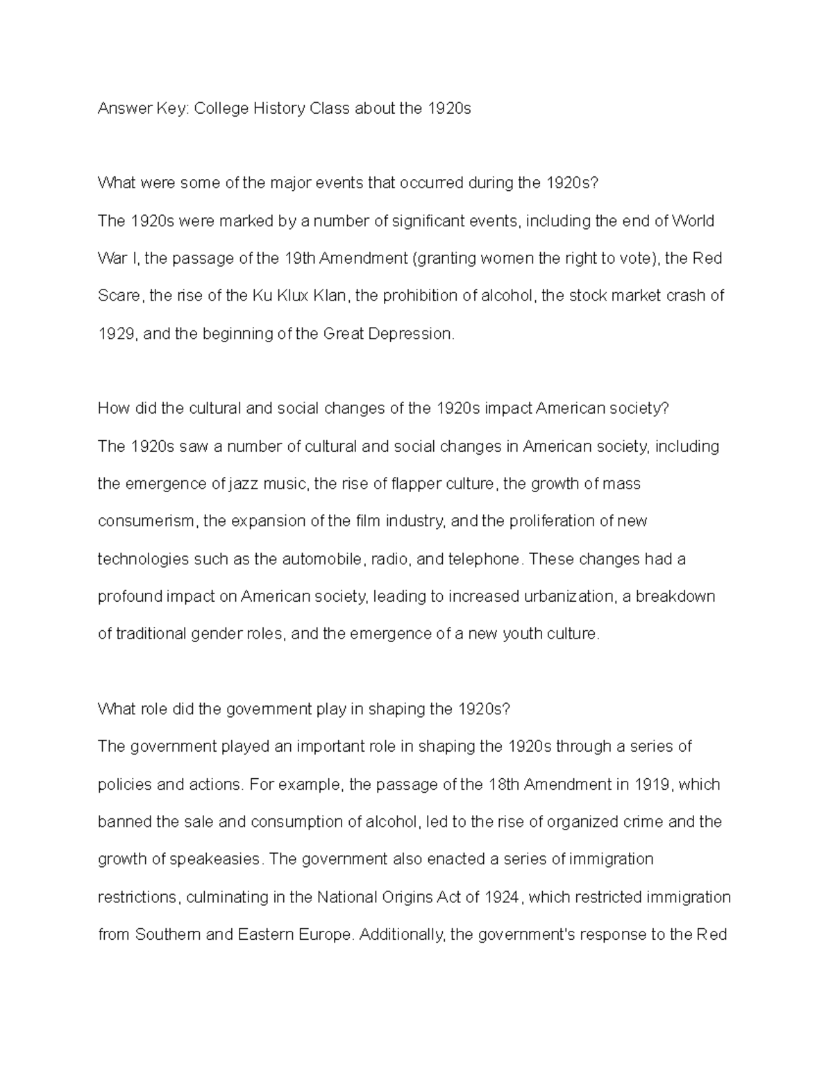 Answer Key College History Class about the 1920s - How did the cultural ...