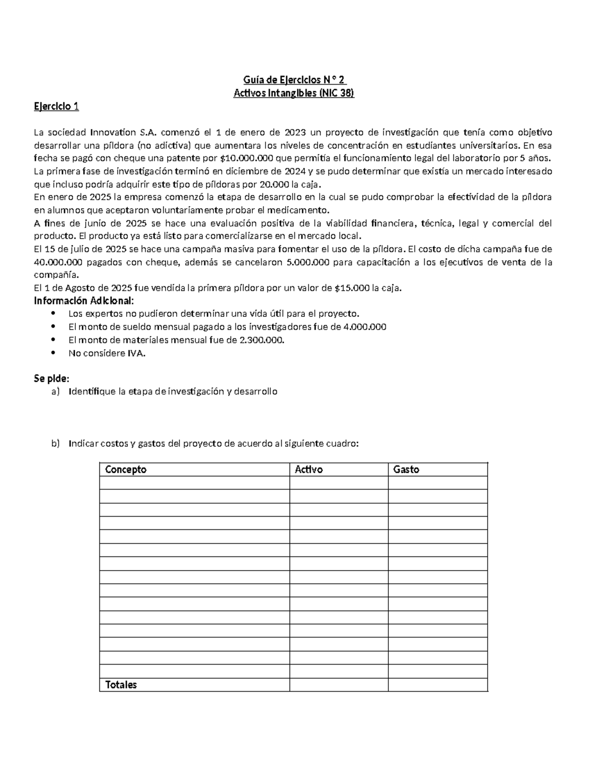 Ejercicios de Activos Intangibles (NIC 38) - I+D y Costos - Studocu