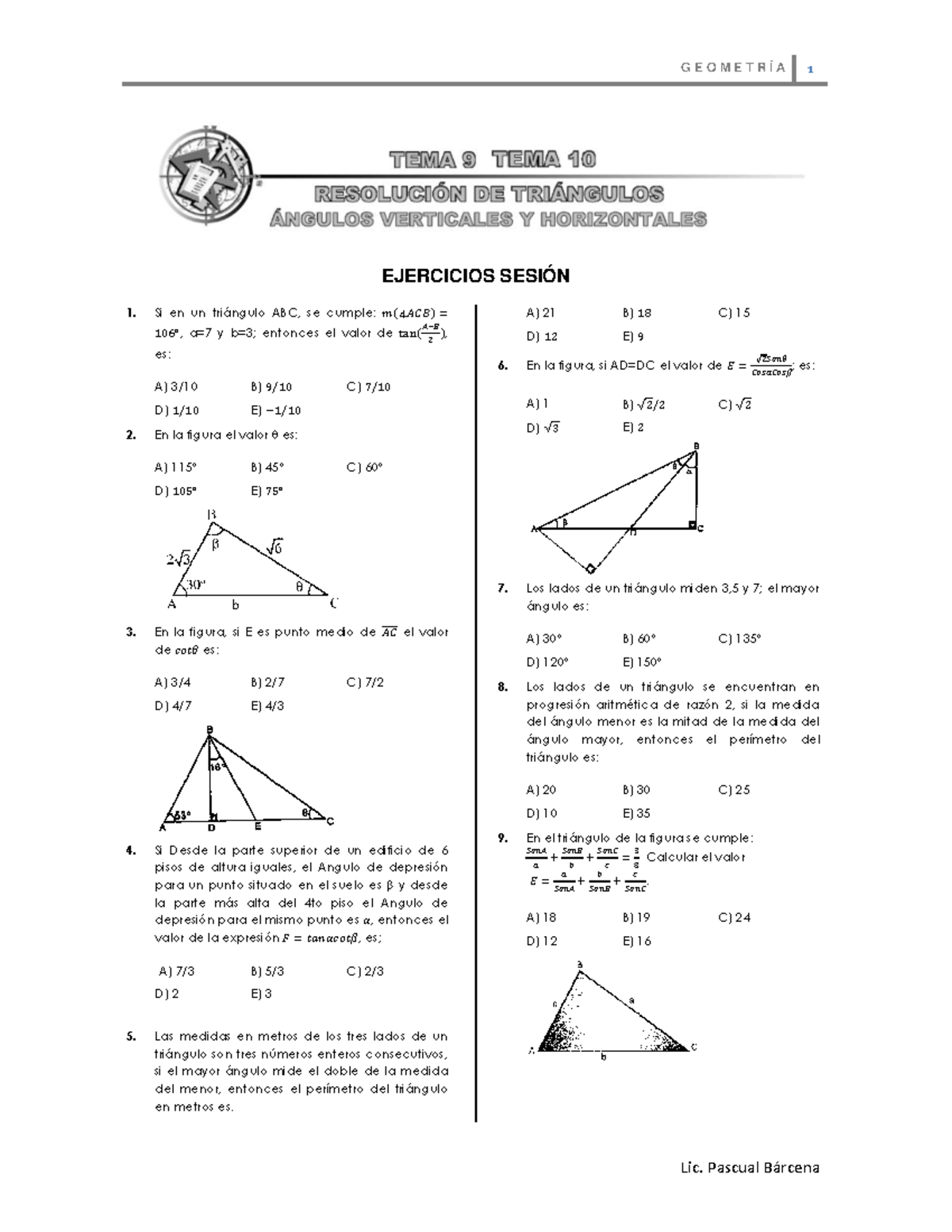 9 y 10 ejercicios resolucion de triangulos angulo v h - G E O M E T R Í A 1 Lic. Pascual Bárcena ...