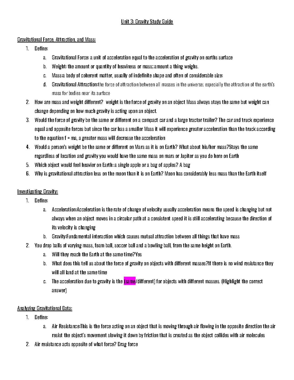 Unit 3: Gravity Study Guide Notes for Physics 101 - Studocu