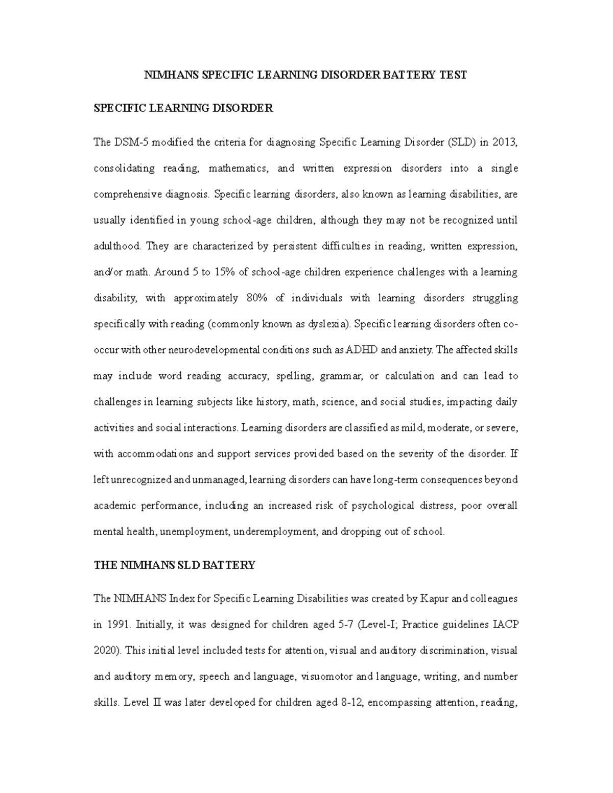 NIMHANS SLD Battery Test: Detailed Analysis and Findings - Studocu
