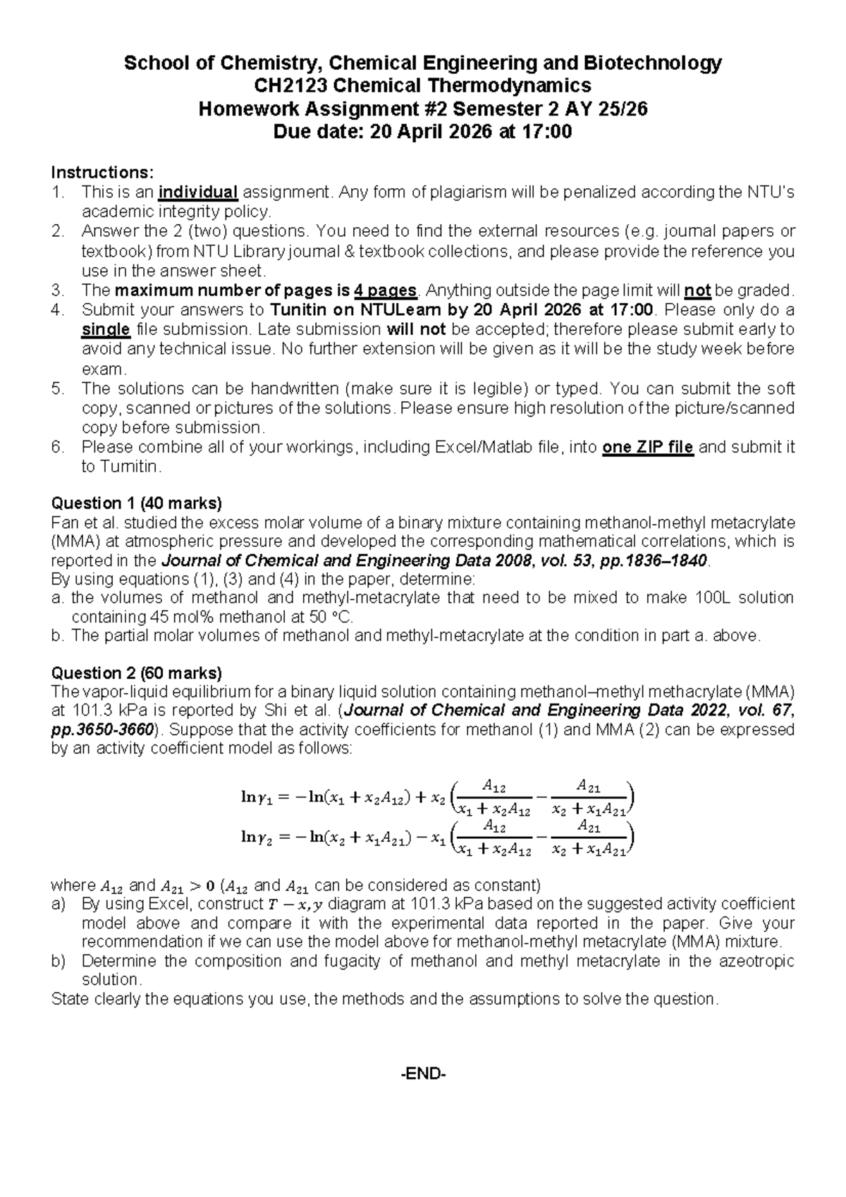 CH2123 Chemical Thermodynamics Homework Assignment #2 - Studocu
