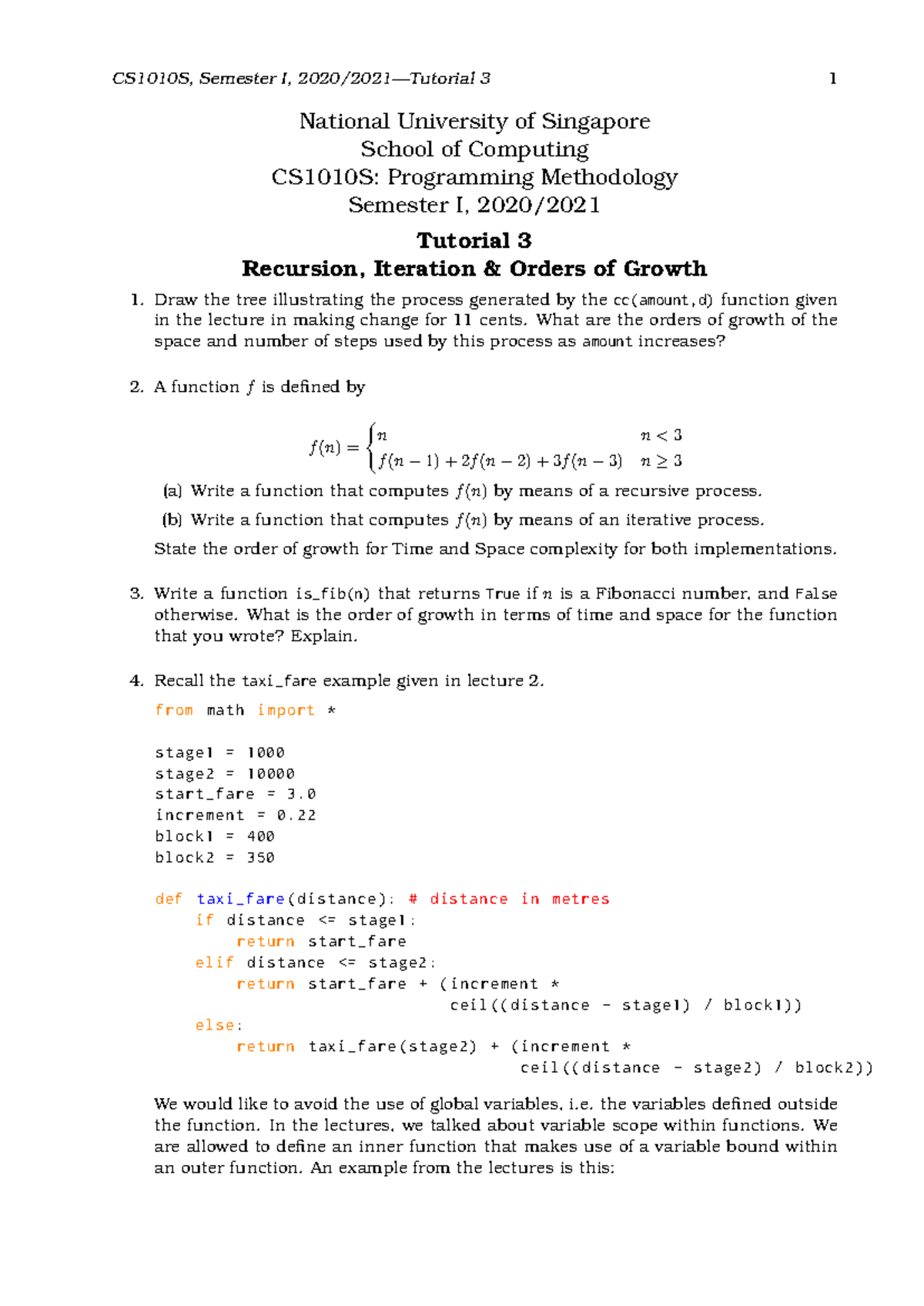 Tut03 - tut - CS1010S, Semester I, 2020/2021—Tutorial 3 1 National ...