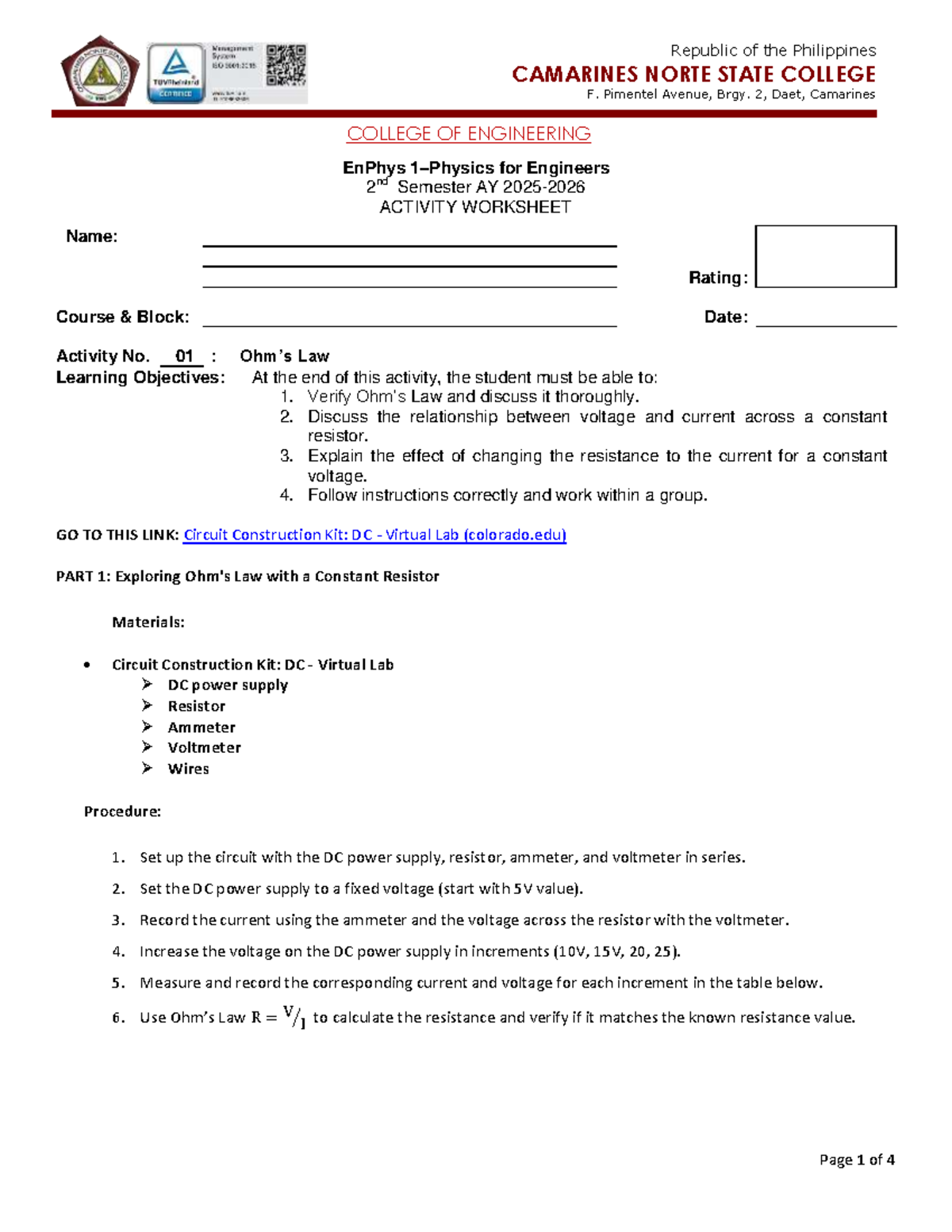 Ohm's Law Lecture Notes - ENPHYS 2nd Sem Activity Worksheet - Studocu
