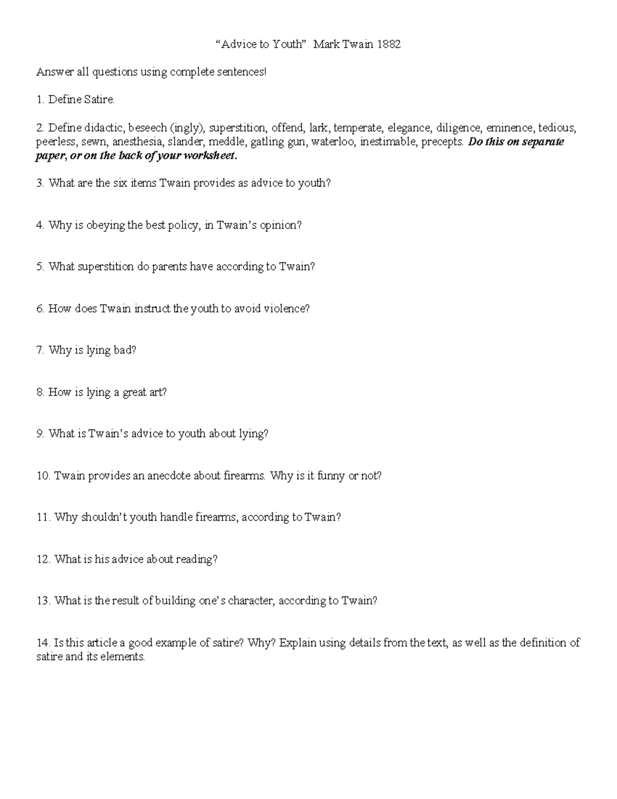 Advice to Youth - Discussion & Questions on Twain's Satire Essay - Studocu