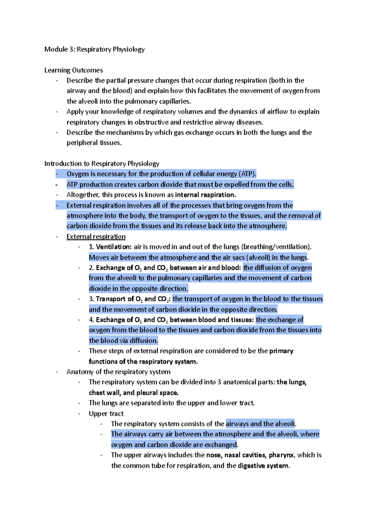 PHGY 216 - Module 3 notes - Module 3: Respiratory Physiology Learning ...