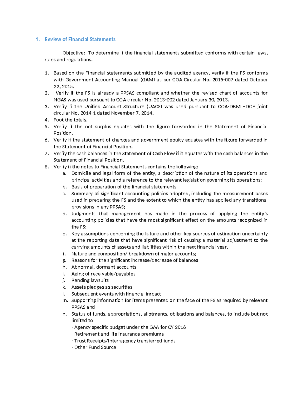 Audit Procedures for Financial Statements Compliance and Verification ...