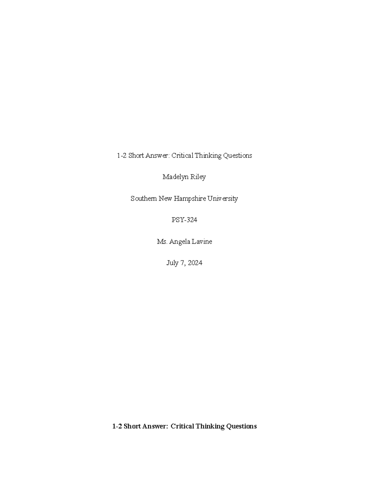 PSY-1 Module One Short Answer Responses: Critical Thinking Questions ...
