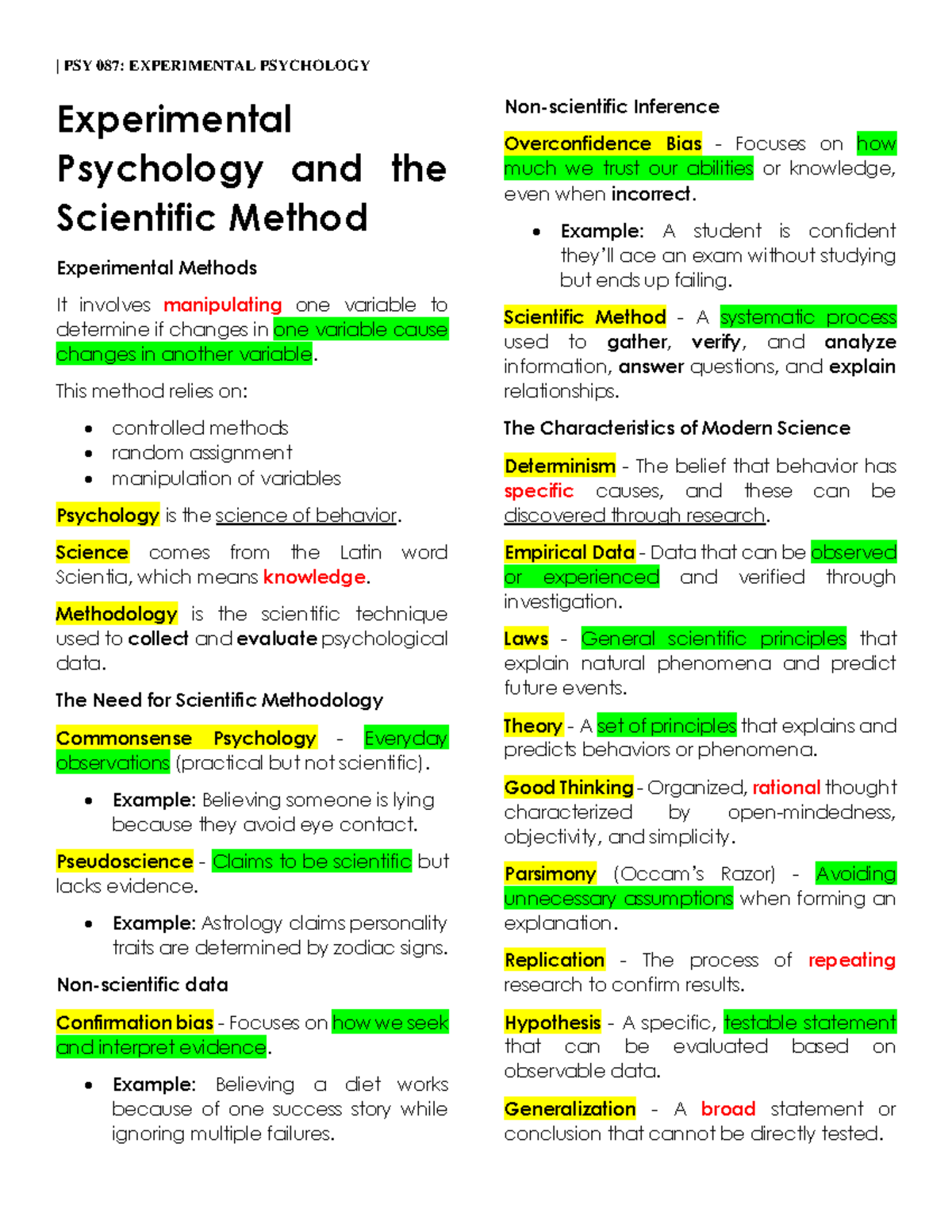 PSY 087: EXPERIMENTAL PSYCHOLOGY Study Guide on Scientific Methods and ...
