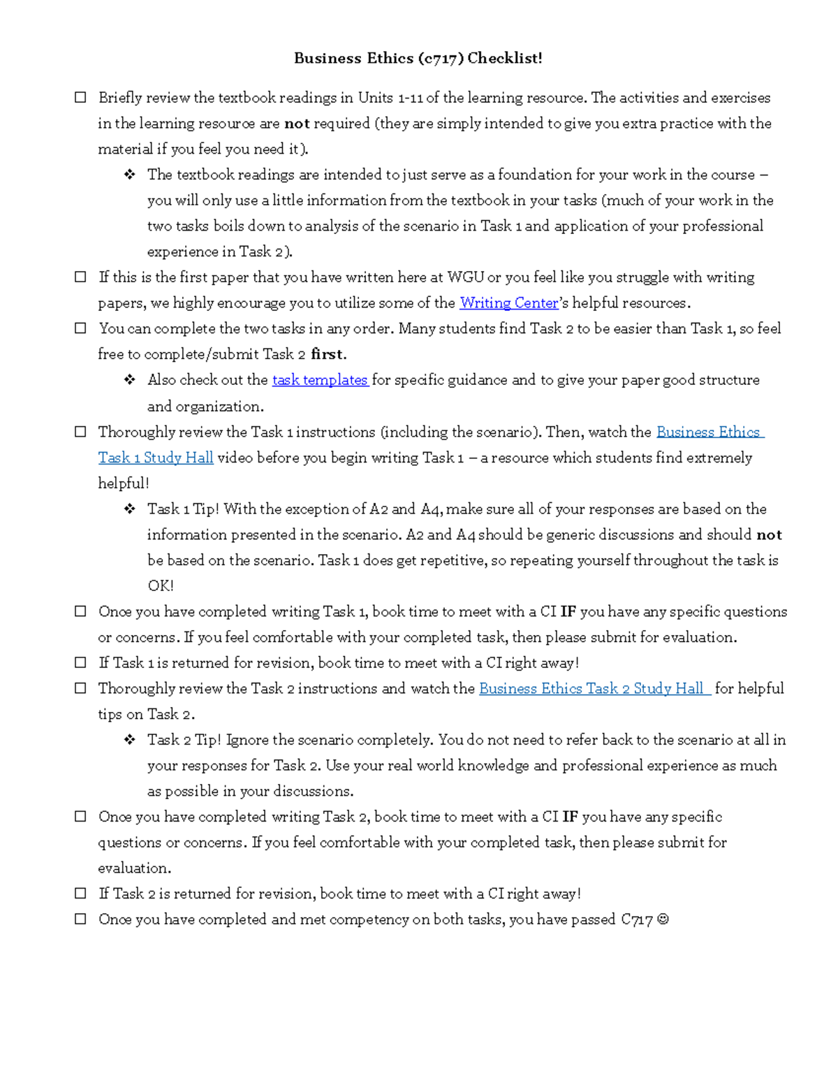 Business Ethics (C717) Task Checklist for Success and Submission - Studocu