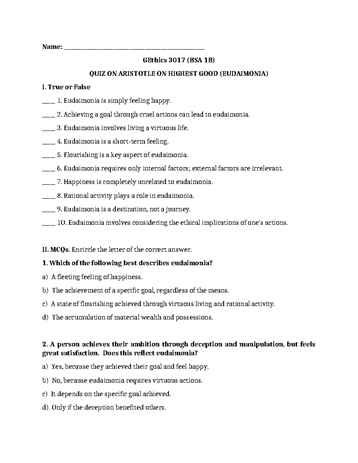 GEthics 3017 (BSA 1B) Quiz on Eudaimonia and Aristotle's Ethics - Studocu