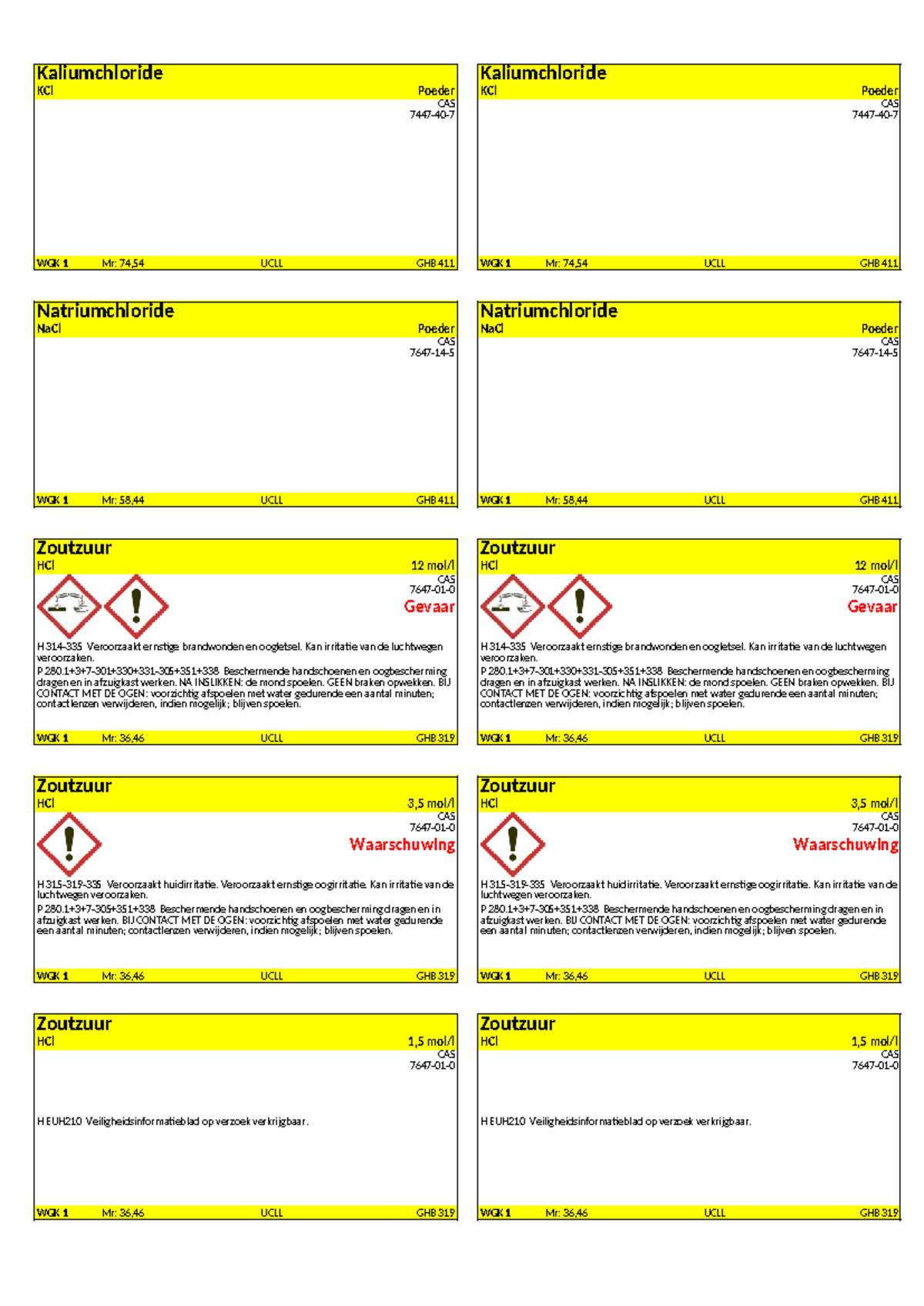 Etiketten Lab 1: Gevaren en Veiligheidsinformatie voor Chemische ...