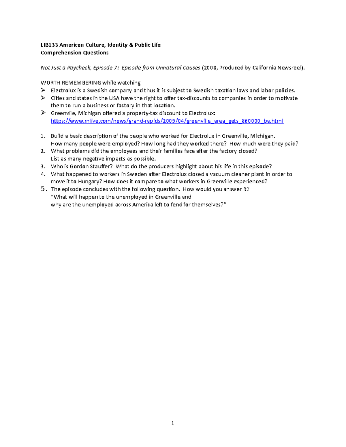 LIB133 Comprehension Questions on Unnatural Causes: Not Just a Paycheck ...