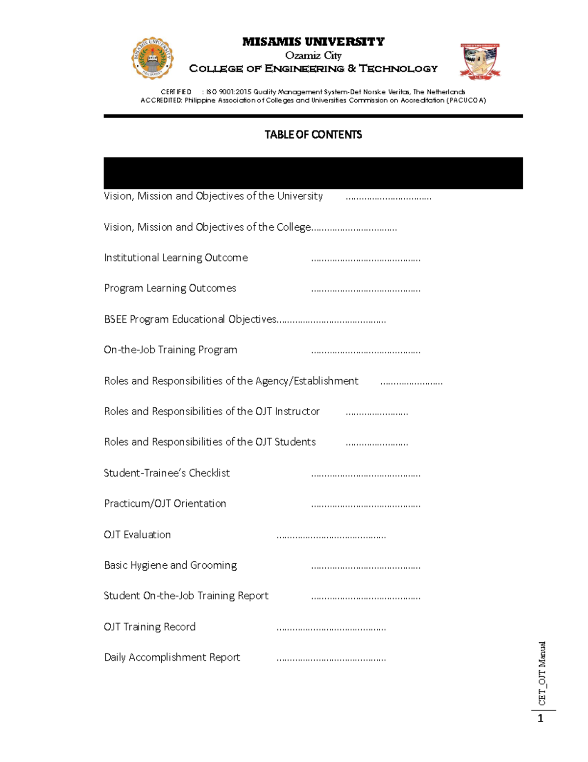 CET_OJT Practicum Manual: Guidelines and Evaluation for Students - Studocu