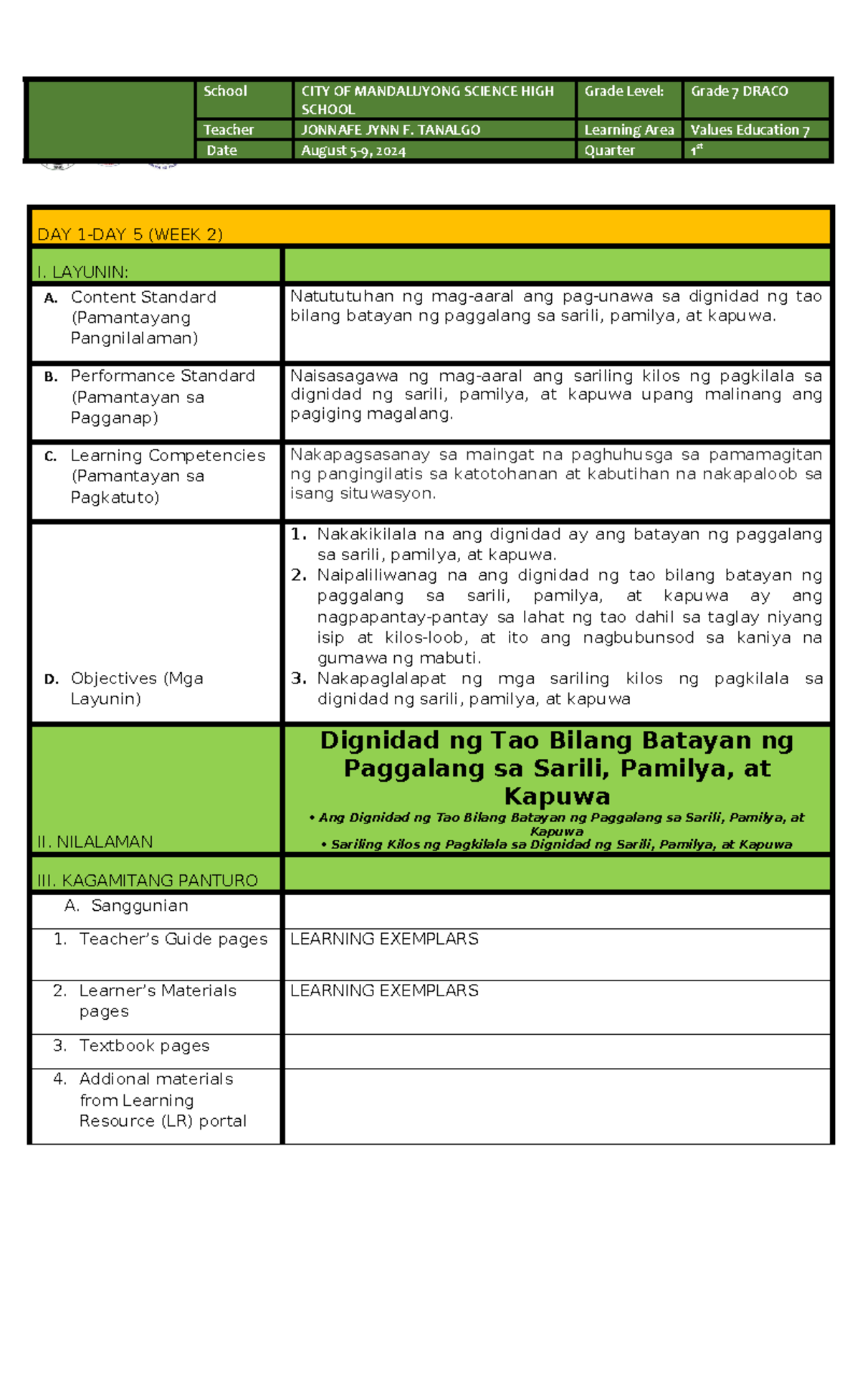 Q1-VALUES EDUC 7: Lesson Plan for Week 2 on Dignity and Respect - Studocu