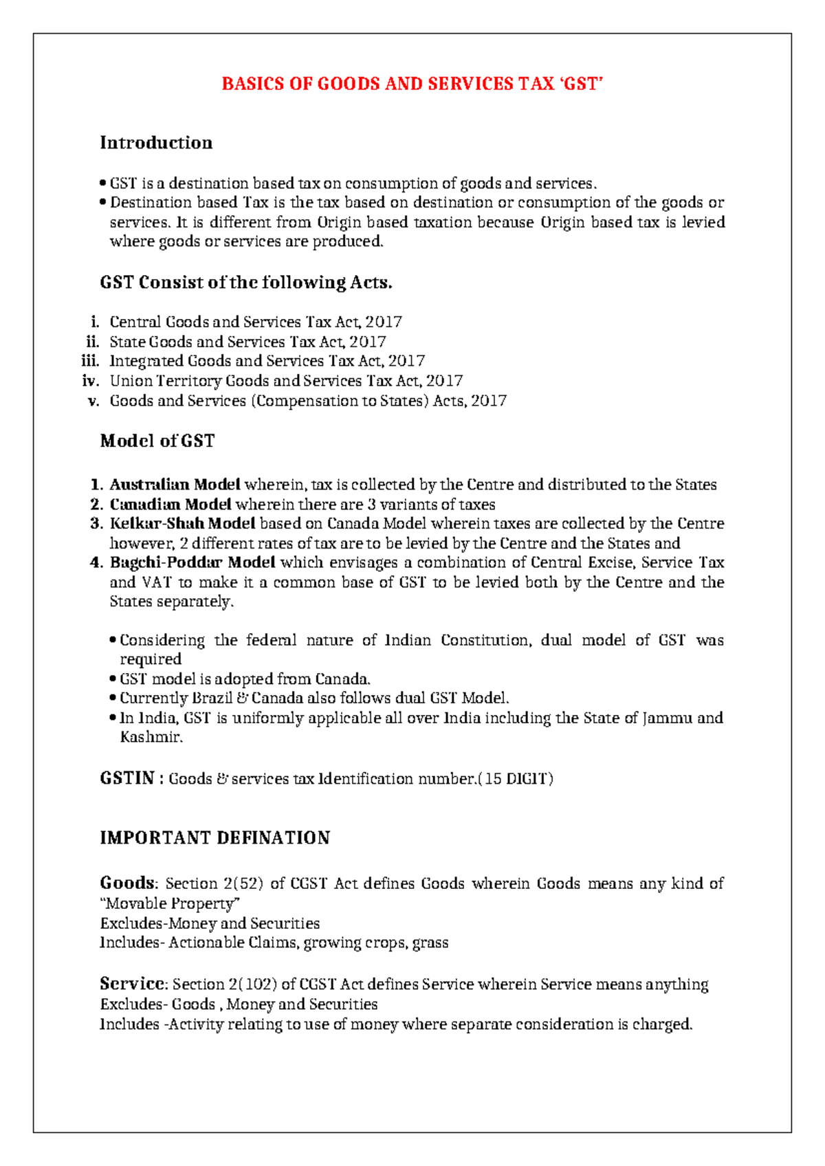 Basics of Goods and Services Tax (GST) Overview and Models - Studocu