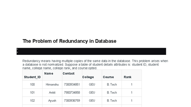 Database Redundancy Issues and Normalization (CS101 Lecture Notes ...