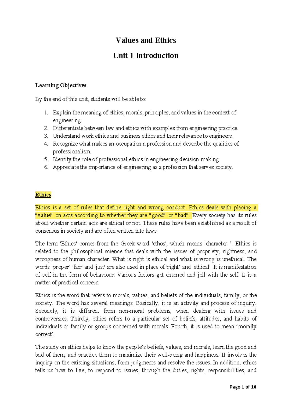 Values and Ethics - Unit 1: Introduction to Engineering Principles ...