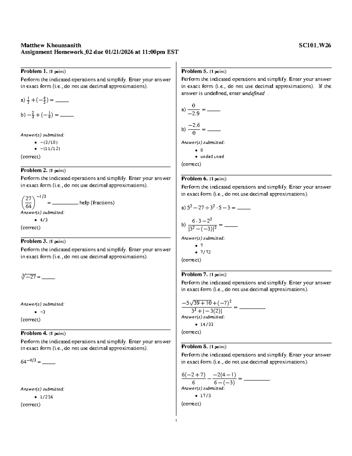 SC101 W26 Homework 02: Operations and Inequalities Solutions - Studocu