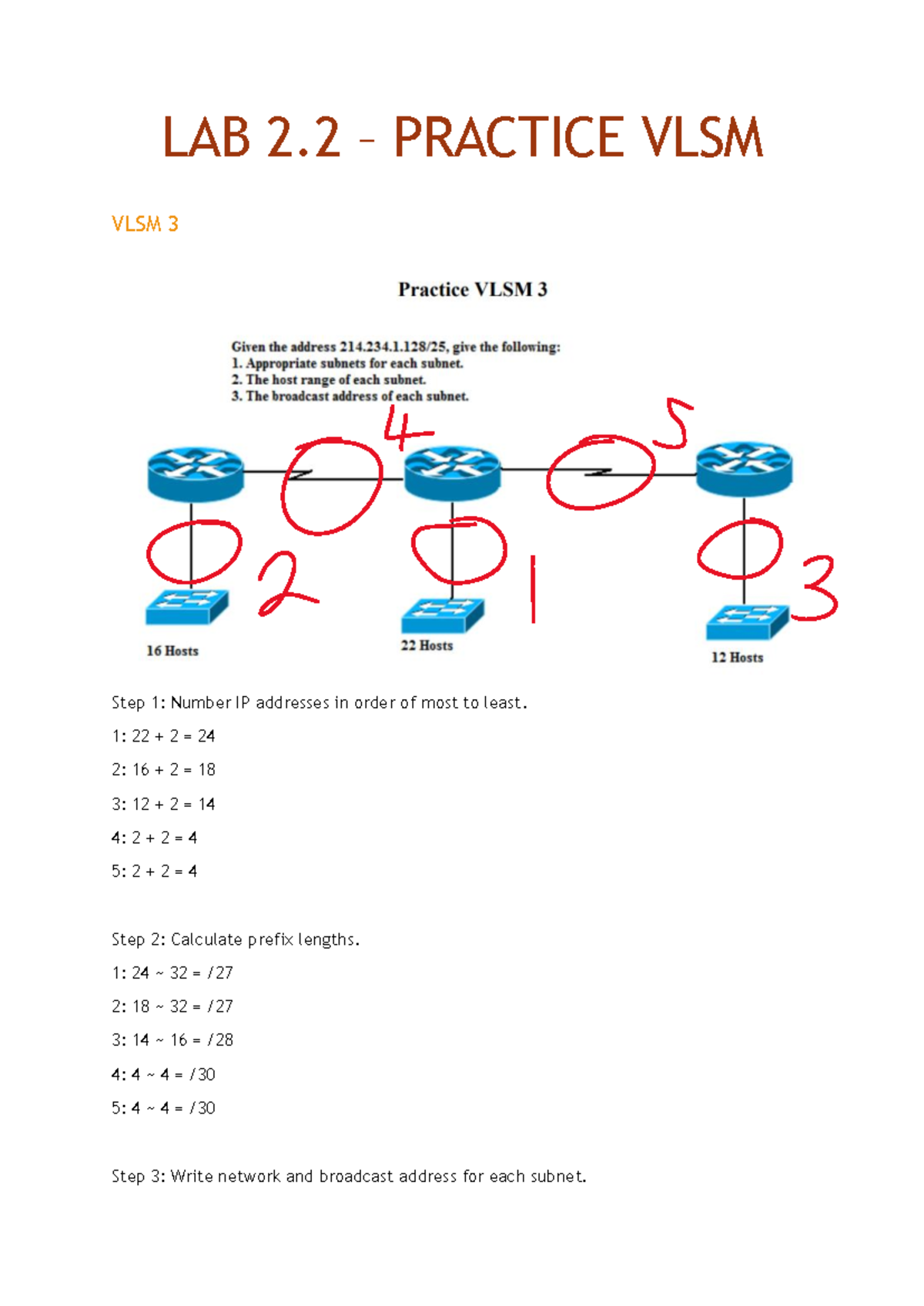 Lab 2.2 - VLSM Practice Answers and Subnet Calculations - Studocu
