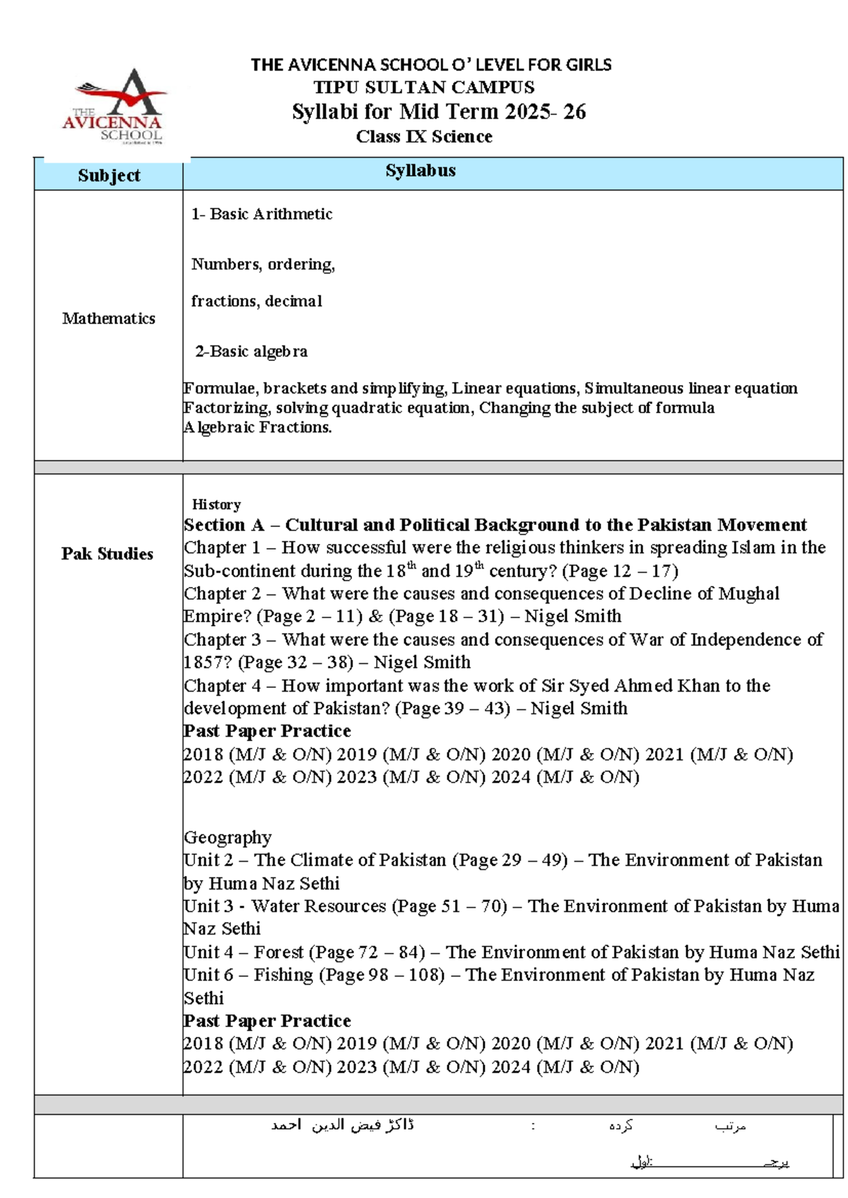 Grade 9 Science Mid Term Syllabus 2025-26 - Avicenna School - Studocu