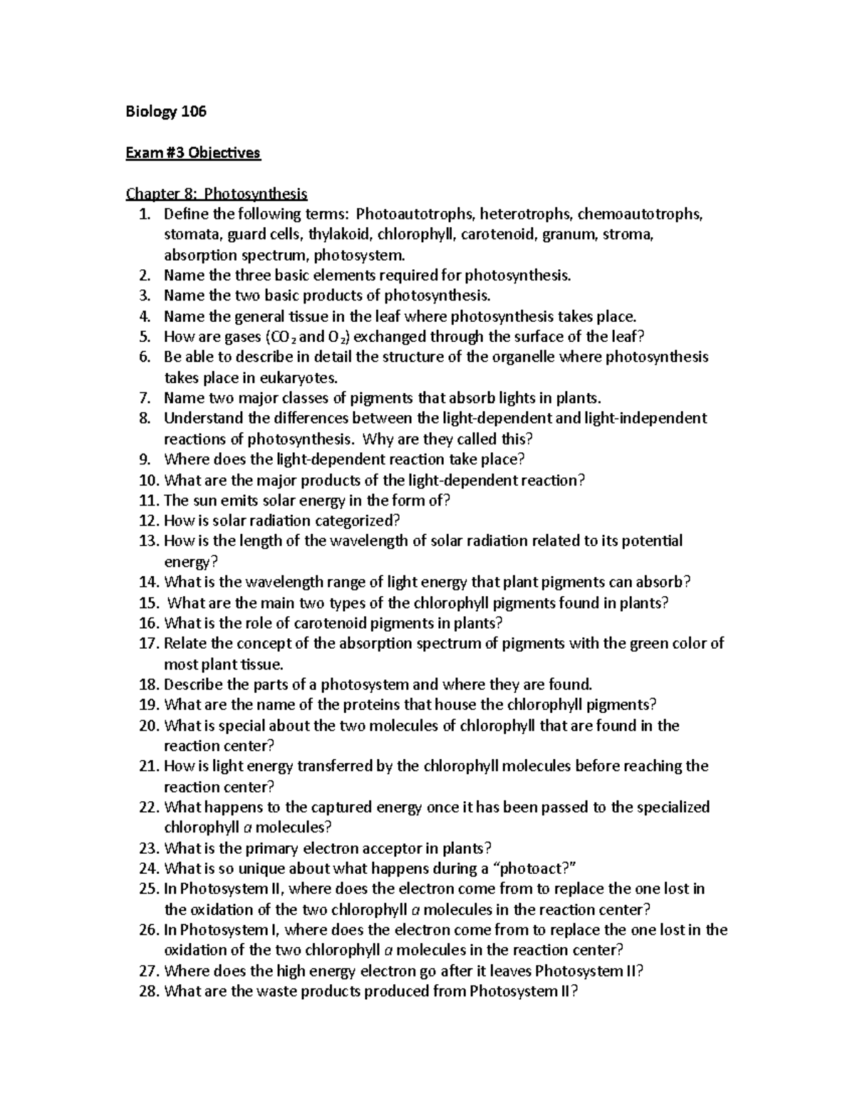 Chapter 8 - Photosynthesis - Key Learning Objectives for Bio 106 Exam 3 ...