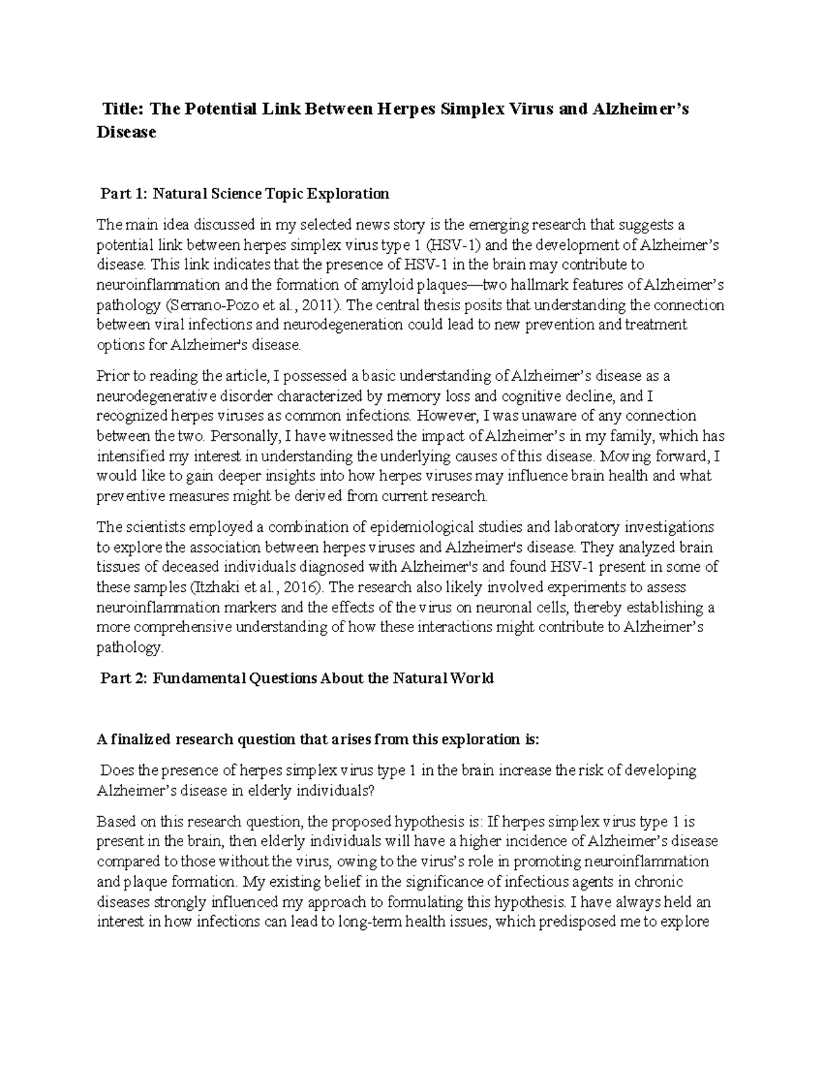 Natural Science Project Part 1 - Title: The Potential Link Between ...