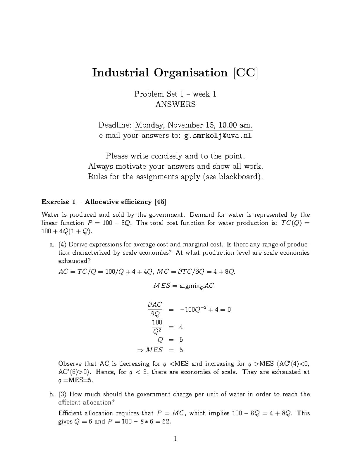 Industrial Organisation [CC] Week 1 Homework Solutions - Studeersnel