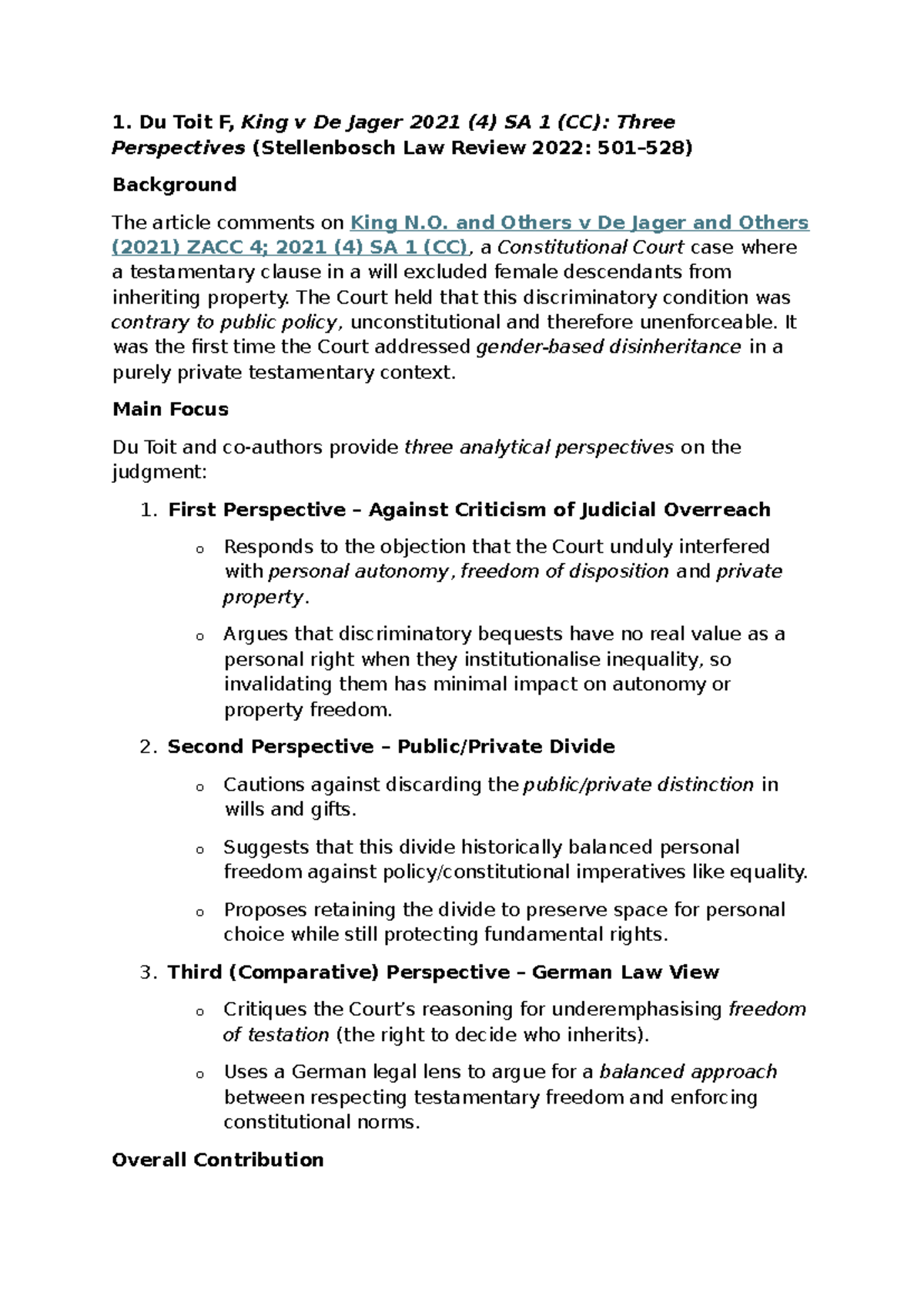 SU 3 Prescribed Reading Notes: Analysis of Du Toit F, King v De Jager ...