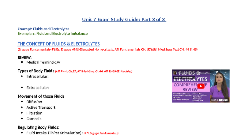 Unit 7 Exam Study Guide: Fluids & Electrolytes Imbalance (ATI Med-Surg ...