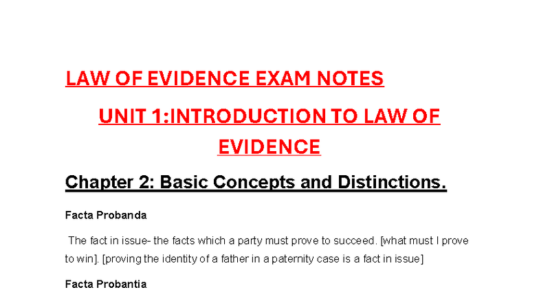 LAW OF EVIDENCE EXAM NOTES (LAW 101): UNIT 1 & 2 OVERVIEW - Studocu