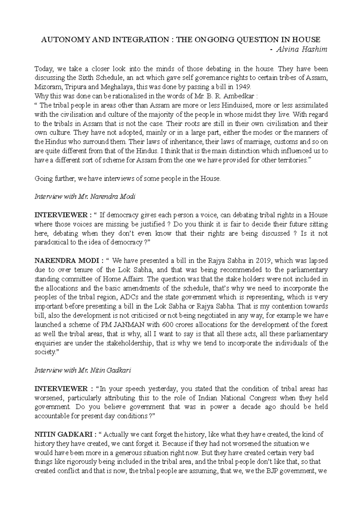 AUTONOMY AND INTEGRATION: A Study on Tribal Rights in India - Studocu