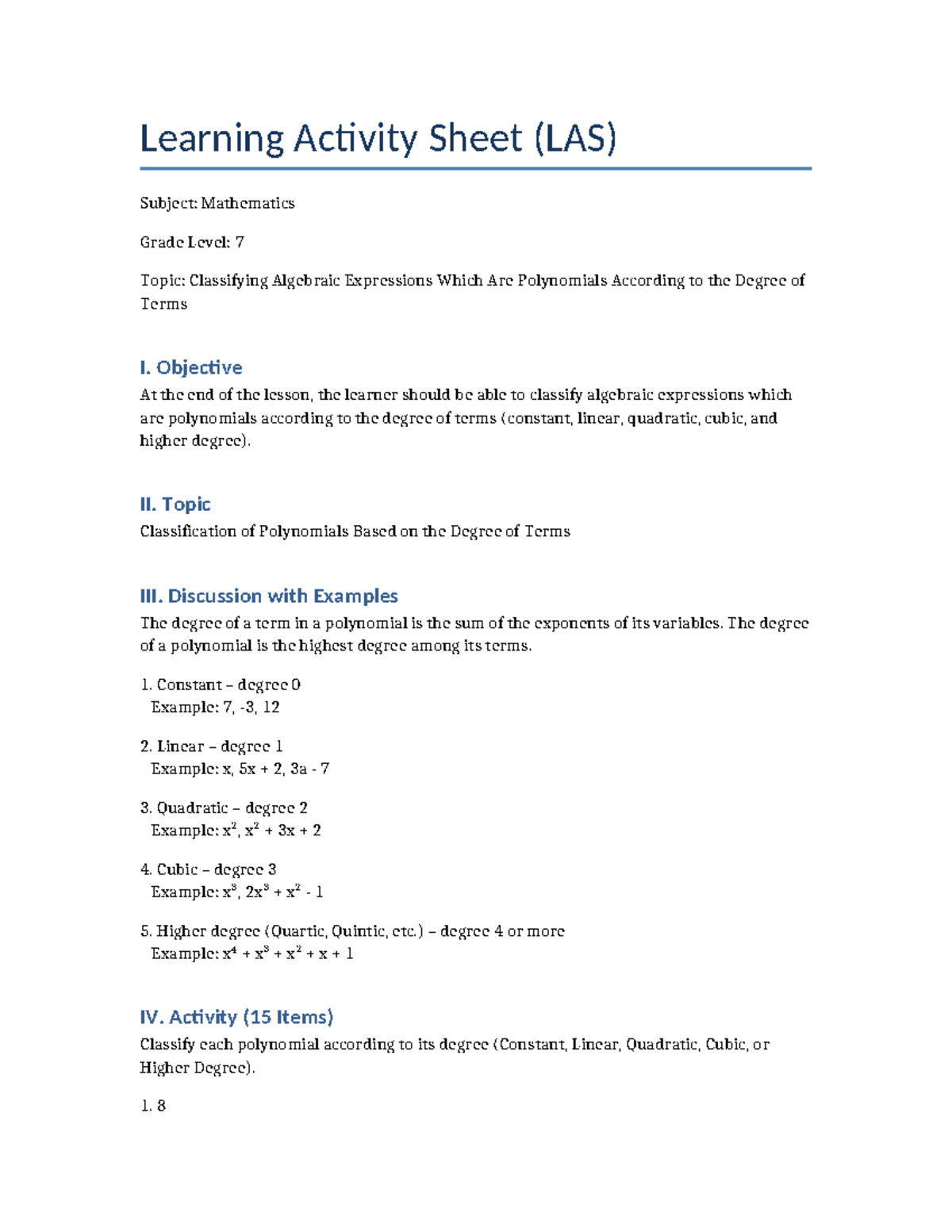 LAS: Classifying Polynomials by Degree for Grade 7 Math - Studocu