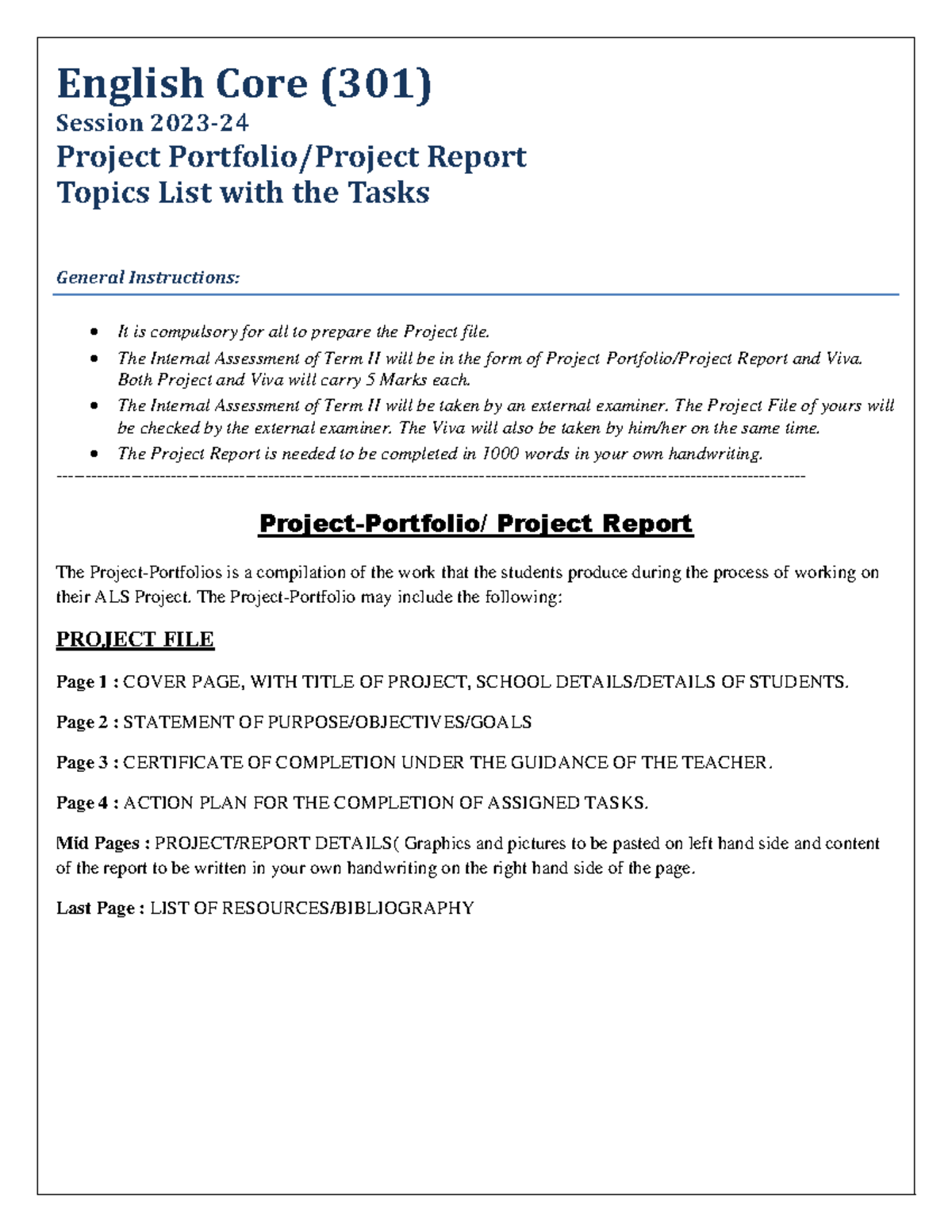 Project File Instructions for English Core (301) - Session 2023-24 ...