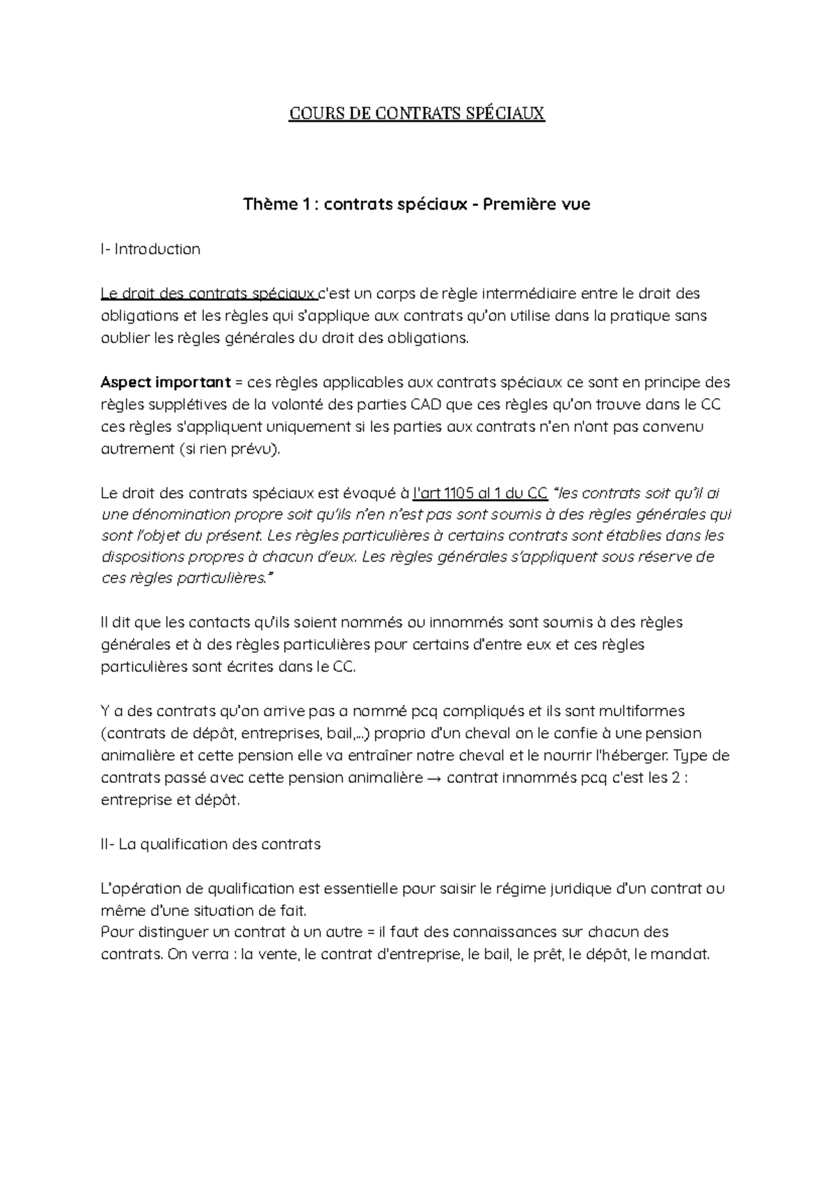 COURS DE CONTRATS SPÉCIAUX - Thème 1 : Introduction aux Contrats - Studocu