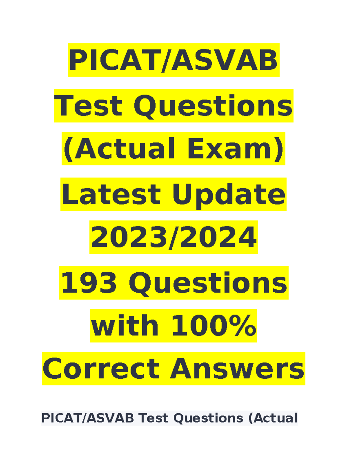PICAT/ASVAB Test Questions: 193 Actual Exam Items with Correct Answers ...