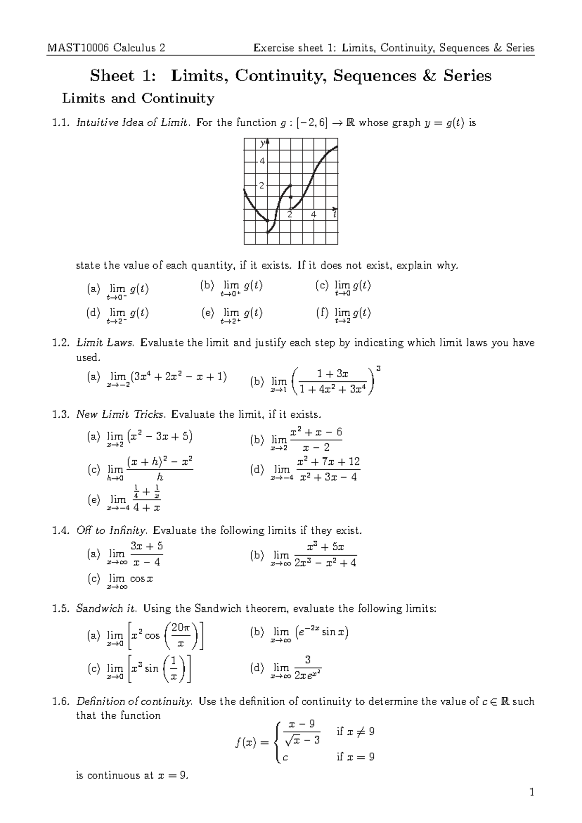 Exercise Sheet 1: Limits, Continuity, Sequences & Series MAST10006 ...